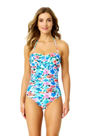ANNE COLE Printed Twist Front Shirred One Piece Swimsuit - Fiore
