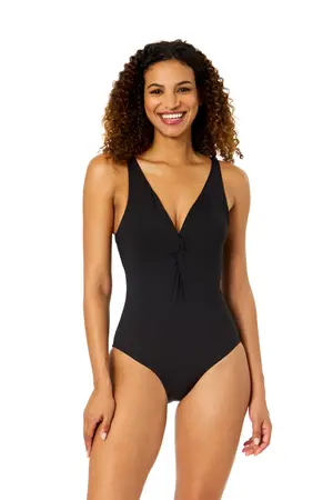 ANNE COLE Solid Plunge Twist One Piece Swimsuit - Black