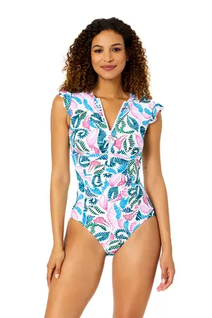 ANNE COLE Printed Flutter Sleeve Zip Up Rash Guard One Piece Swimsuit - Corallo Paisley
