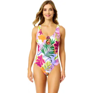 ANNE COLE V-neck Ring Front One-piece Swimsuit - Mod Tropical