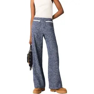 Maje Tweed Wide-leg Trousers - Navy