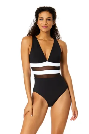 ANNE COLE Plunge Front Colorblock Mesh One-piece Swimsuit - Gabor Mesh