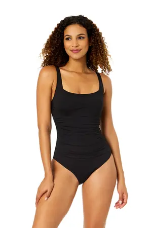ANNE COLE Solid Shirred One Piece Swimsuit With Underwire And Square Neck - Black