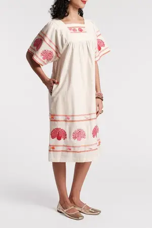 FRANCES VALENTINE Peacock Embroidered Picnic Midi Dress - Oyster/multi