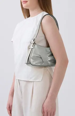 BEHNO Mini Leena Crosshatched Metallic Leather Shoulder Bag - Silver