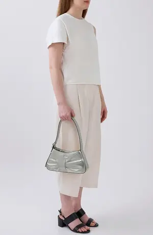 BEHNO Mini Leena Crosshatched Metallic Leather Shoulder Bag - Silver
