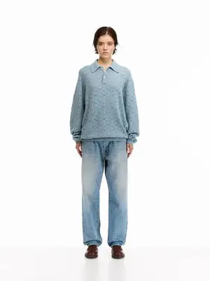 VOWELS Eyelet Polo Sweater - Blue
