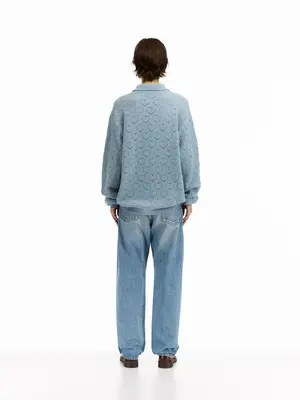VOWELS Eyelet Polo Sweater - Blue