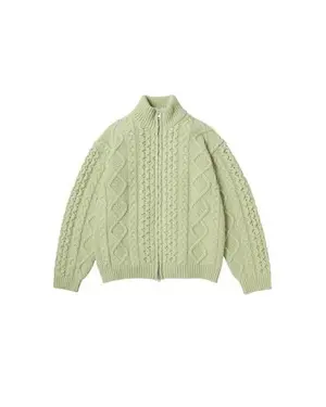 VOWELS Cable Knit Zip-up - Faded Lime