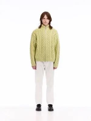 VOWELS Cable Knit Zip-up - Faded Lime
