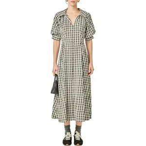 English Factory Gingham Seersucker Shirtdress With Puff Sleeves - Black
