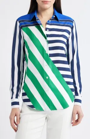 Ralph Lauren Mixed Stripe Button-up Blouse - Navy Blue/white/green