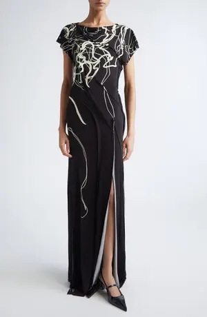 JASON WU Scribble Floral Print Jersey Gown