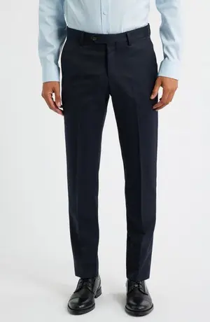 Berle Flat Front Worsted Wool Gabardine Trousers - Navy
