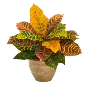 NEARLY NATURAL 15-in Garden Croton Artificial Plant In Ceramic Planter - Orange