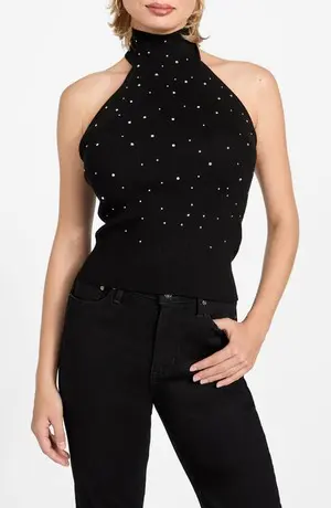 Guess Minara Rhinestone Turtleneck Halter Sweater Jblack-black