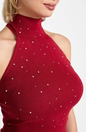 Guess Minara Rhinestone Turtleneck Halter Sweater - Red
