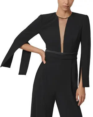 REISS Plunge Neck Split Sleeve Jumpsuit - Black