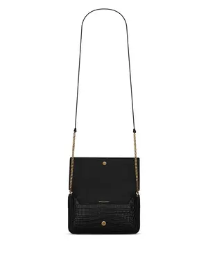 Saint Laurent Cassandre Phone Holder In Shiny Crocodile-embossed Leather - Black