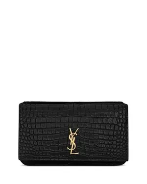 Saint Laurent Cassandre Phone Holder In Shiny Crocodile-embossed Leather - Black