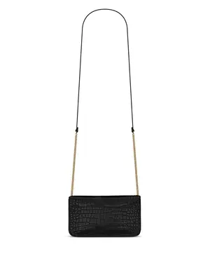 Saint Laurent Cassandre Phone Holder In Shiny Crocodile-embossed Leather - Black