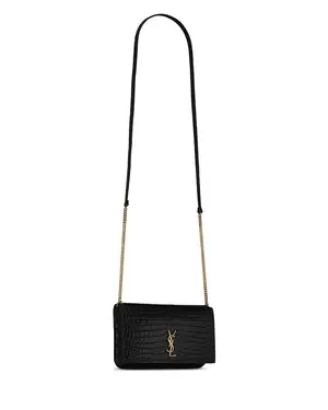 Saint Laurent Cassandre Phone Holder In Shiny Crocodile-embossed Leather - Black