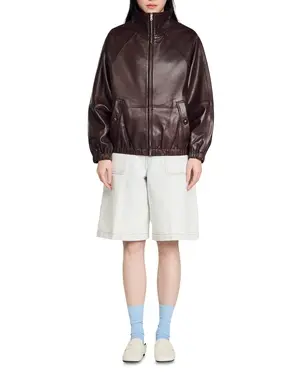 Sandro Oversized Zip Up Leather Jacket - Brown