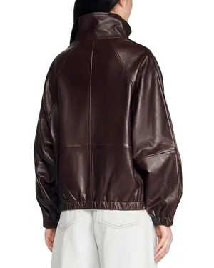 Sandro Oversized Zip Up Leather Jacket - Brown