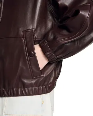 Sandro Oversized Zip Up Leather Jacket - Brown