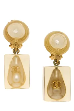 Chanel Acrylic Faux Pearl Dangle Earrings - Gold