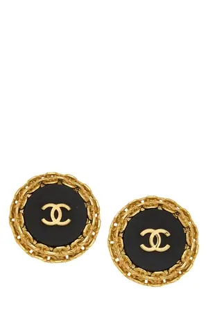 Chanel Chain Border Button Clip-on Earrings - Black