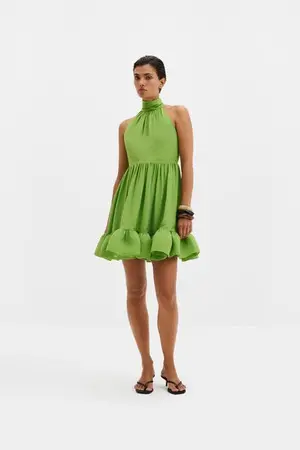 MALINA Halterneck Ruffled Mini Dress - Lime