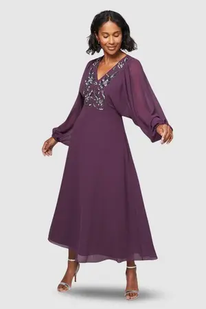 WALLIS Embellished V-neck Midi Dress With Balloon Sleeves - Plum