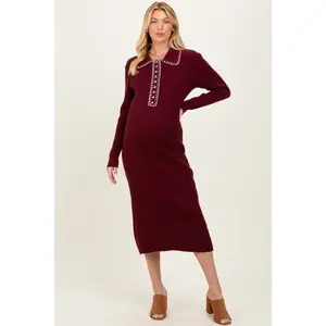 PINKBLUSH Contrast Stitch Maternity Midi Sweater Dress - Burgundy
