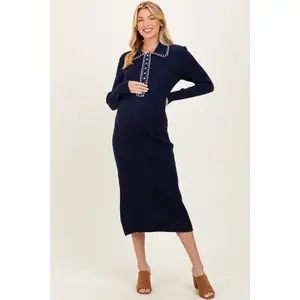 PINKBLUSH Contrast Stitch Maternity Midi Sweater Dress - Navy Blue