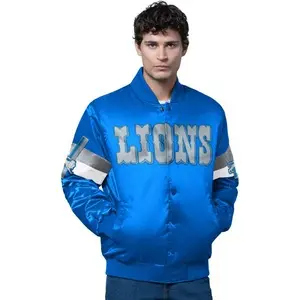 STARTER Detroit Lions Triple Option Satin Varsity Vintage Logo Full-snap Jacket - Blue