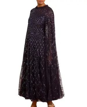 NEEDLE & THREAD Heart Lattice Cape Ankle Gown - Midnight