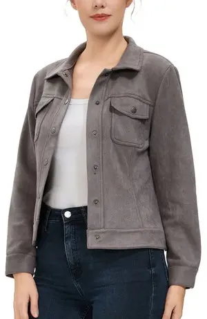 KIMI + KAI Faux Suede Trucker Jacket - Gray