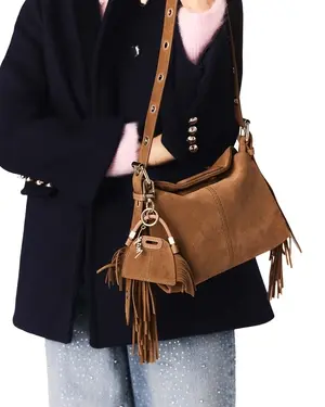 Maje Miss M Fringed Suede Mini Mirror Bag Charm - Camel