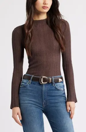 OPEN EDIT Open Stitch Linen Blend Mock Neck Sweater - Brown Seal