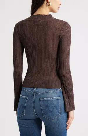 OPEN EDIT Open Stitch Linen Blend Mock Neck Sweater - Brown Seal
