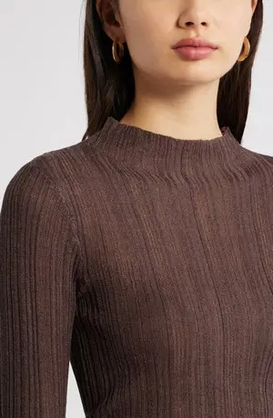 OPEN EDIT Open Stitch Linen Blend Mock Neck Sweater - Brown Seal