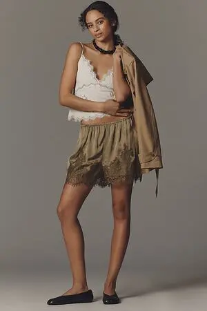 LYREBIRD Lace-trim Silky Shorts - Olive