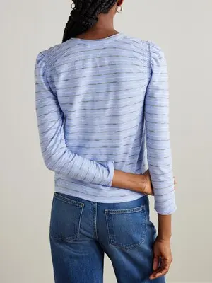 Veronica Beard Smocked Ruched Striped Pima Cotton T-shirt - Blue