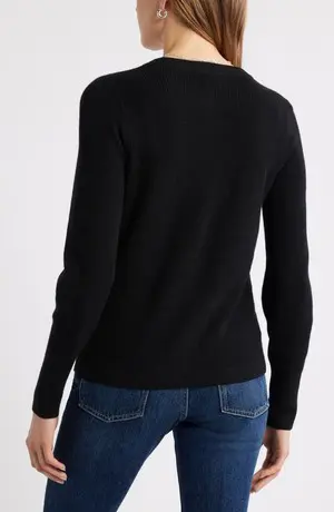 Caslon Crewneck Wool Blend Cardigan - Black