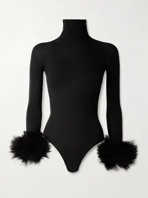 Alaïa Shearling-trimmed Stretch-jersey Turtleneck Bodysuit - Black