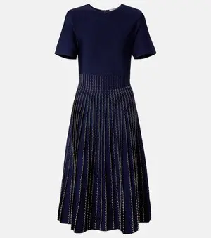 Carolina Herrera Beaded Knitted Pleated Midi Dress Blue