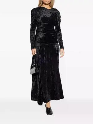 GANNI Velour Ruched Asymmetrical Neckline Long Sleeve Dress