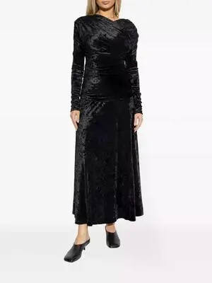 GANNI Velour Ruched Asymmetrical Neckline Long Sleeve Dress