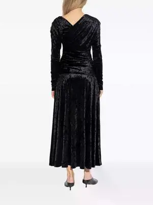 GANNI Velour Ruched Asymmetrical Neckline Long Sleeve Dress